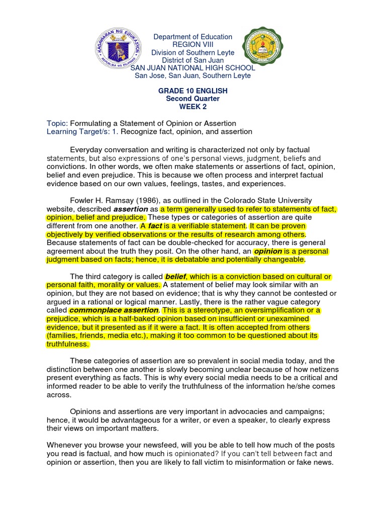 English 2NDQRTR Las2 | Download Free PDF | Opinion | Truth