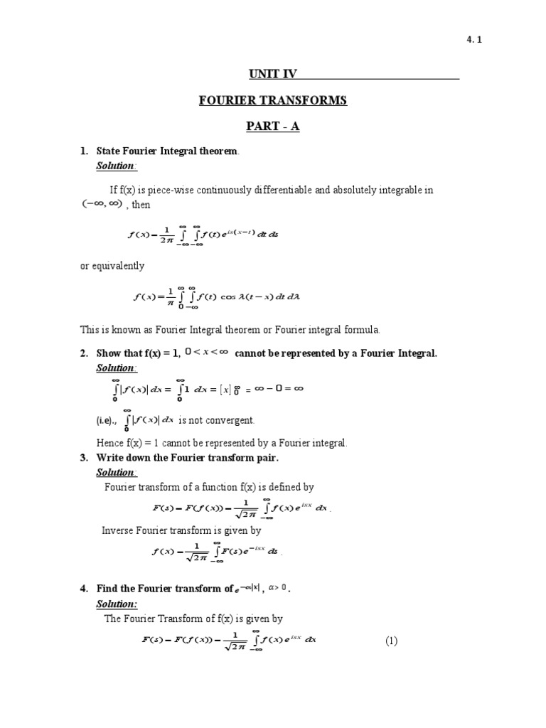 Unit Iv Fourier Transforms Part - A: Solution | PDF | Fourier Transform ...