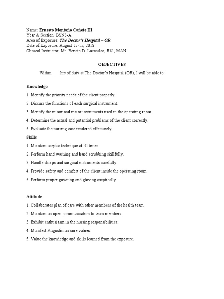 Objectives for a Nursing Student's Clinical Exposure in the Operating ...
