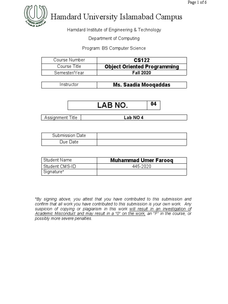 Hamdard University Islamabad Campus: Lab No | PDF | Pointer (Computer ...