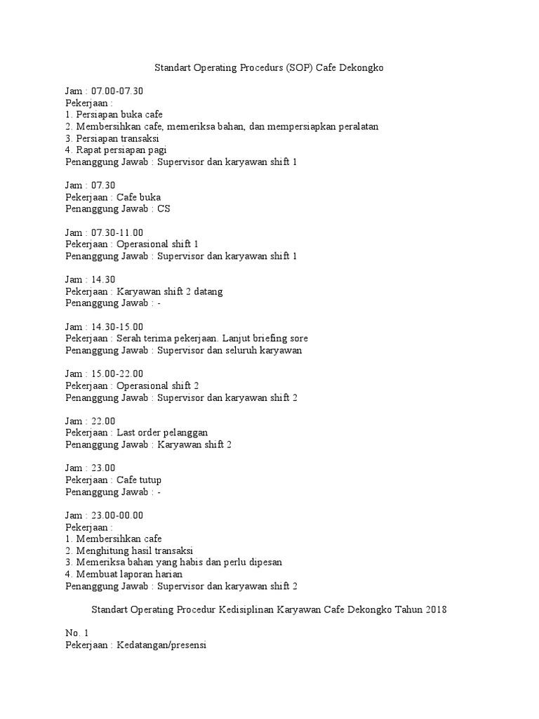 Sop Operasional Pelayanan Cafe Pdf