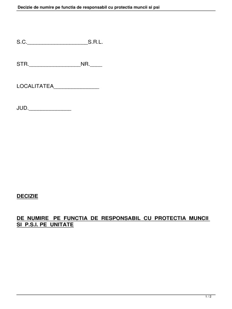 Decizie de Numire Pe Functia de Responsabil Cu Protectia Muncii Si Psi ...