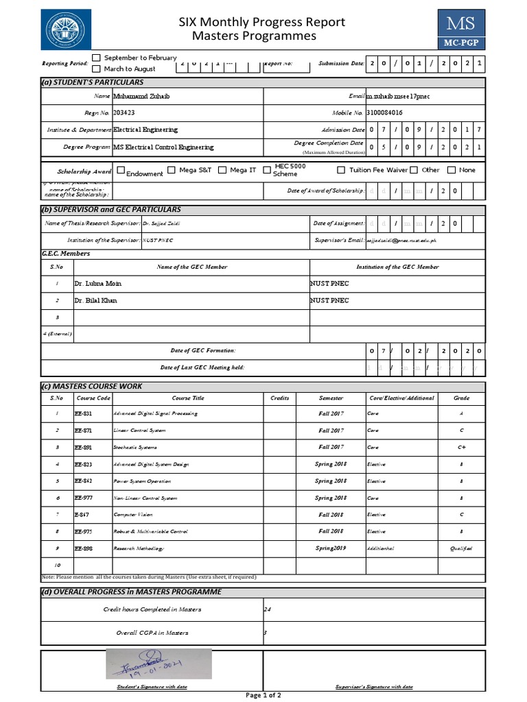 Six-Month Progress Report for MS Students | PDF | Thesis | Educational ...