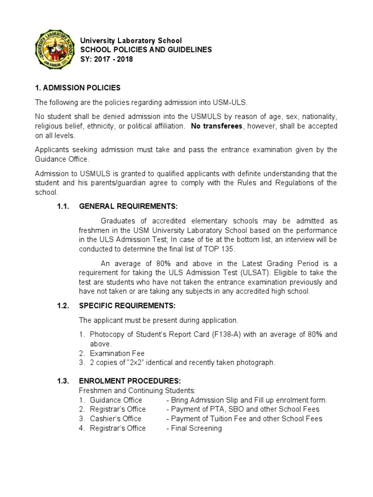Uls School Policies and Guidelines | PDF | University And College ...