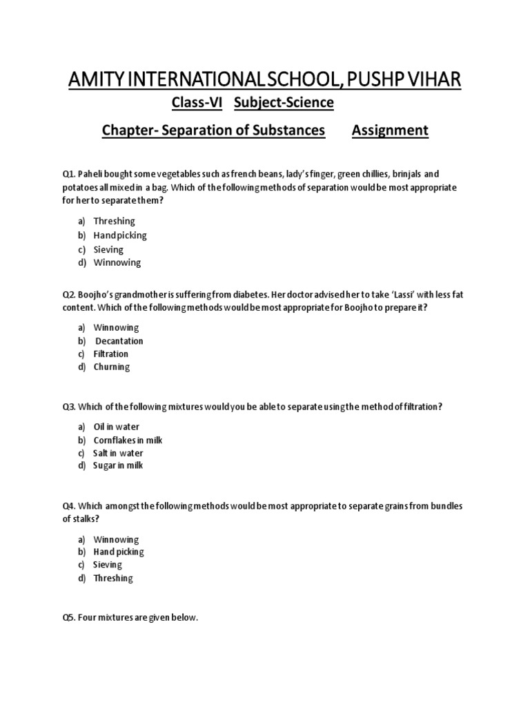 Separation of Substances Assignment | PDF | Evaporation | Filtration
