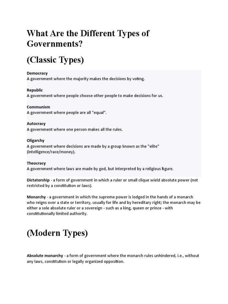 Different Types of Governments | PDF