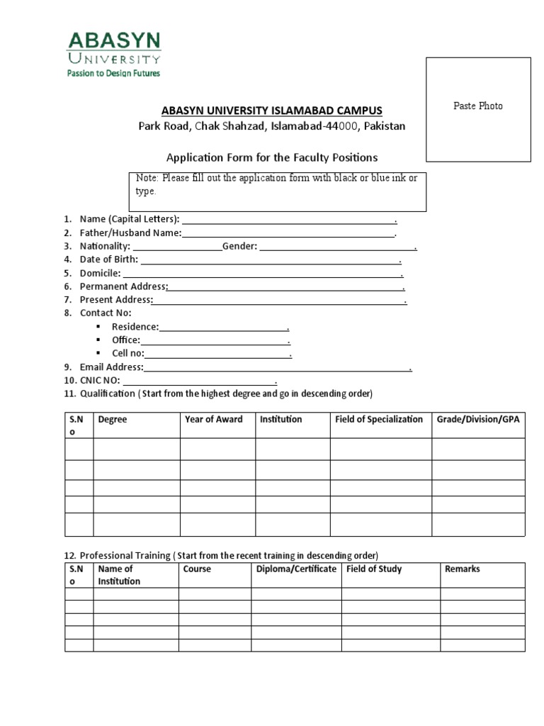 Application Form For Faculty Aposition | PDF | Academic Degree | Qualifications