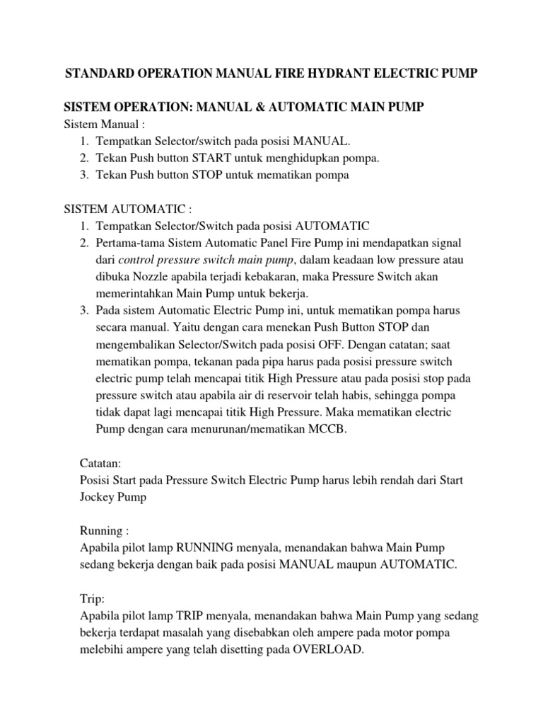 STANDARD OPERATION MANUAL FIRE HYDRANT PUMP (Electric) | PDF