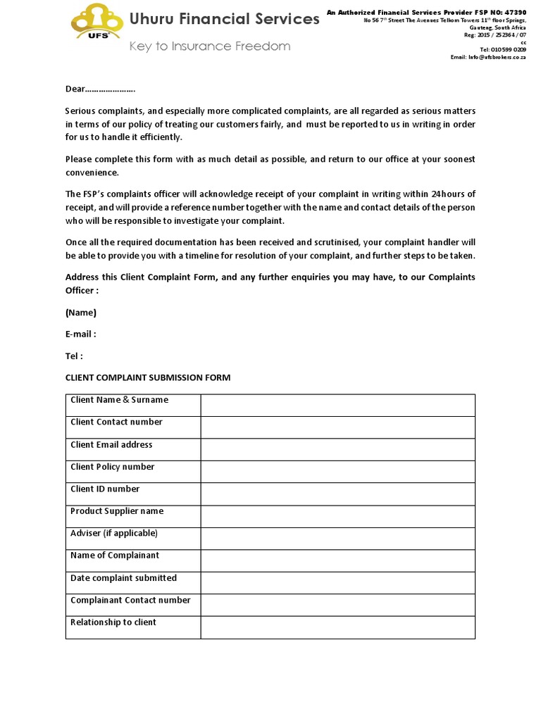 Complaint Submission Form | PDF | Insurance | Business
