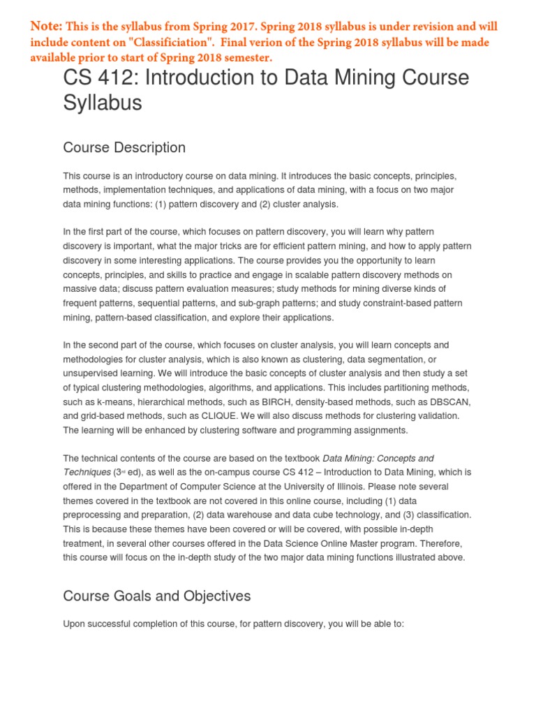 CS 412: Introduction To Data Mining Course Syllabus | PDF
