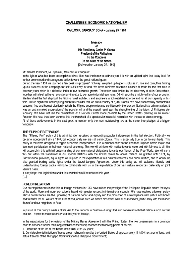 The Filipino First Policy: President Garcia Outlines Economic ...