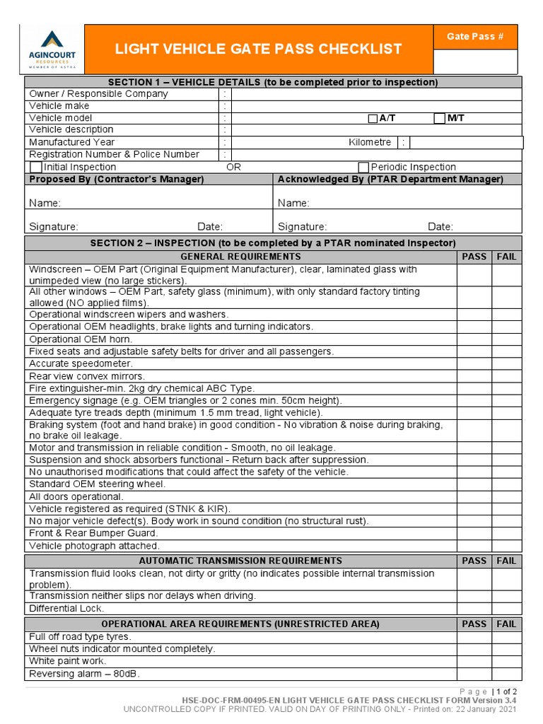 Gate Pass - Light Vehicle Gate Pass Checklist Form - EN | PDF ...