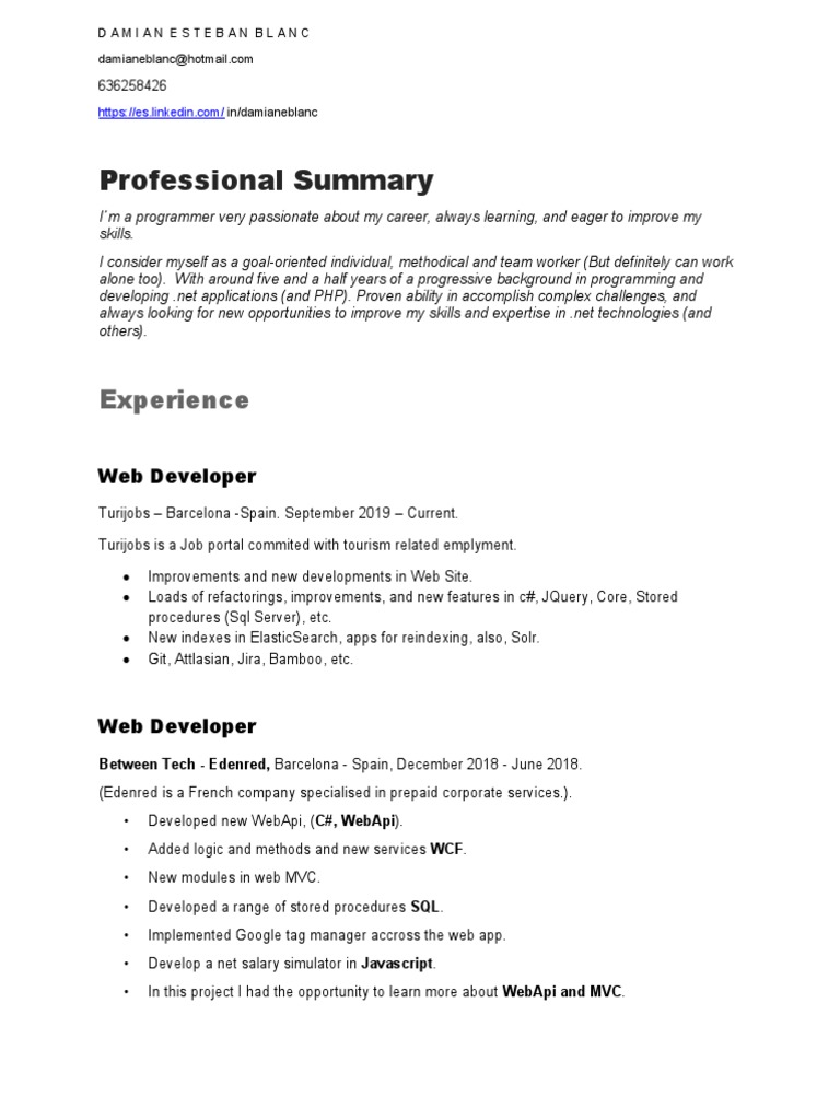 Professional Summary: Experience | PDF | Web Application | Ajax (Programming)
