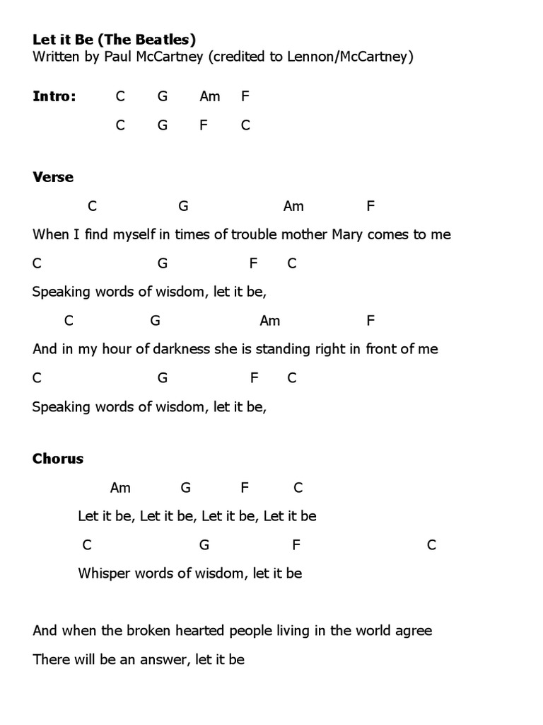 Let It Be Chords and Lyrics in C | PDF