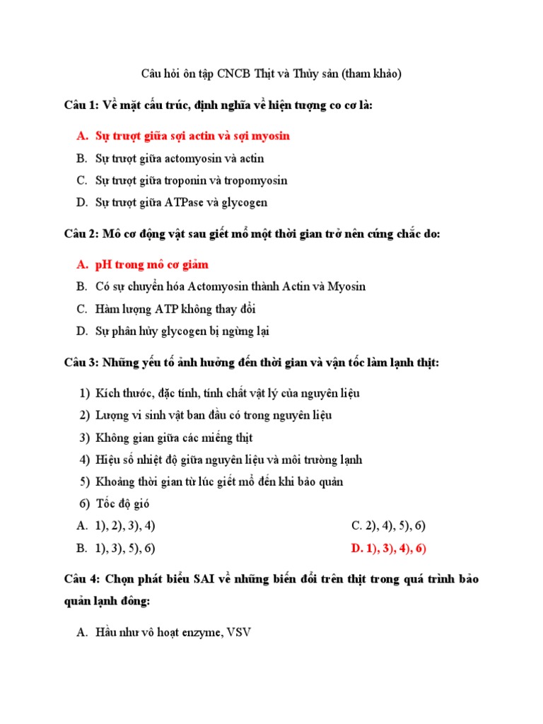 Câu hỏi ôn tập CNCB Thịt và Thủy sản | PDF