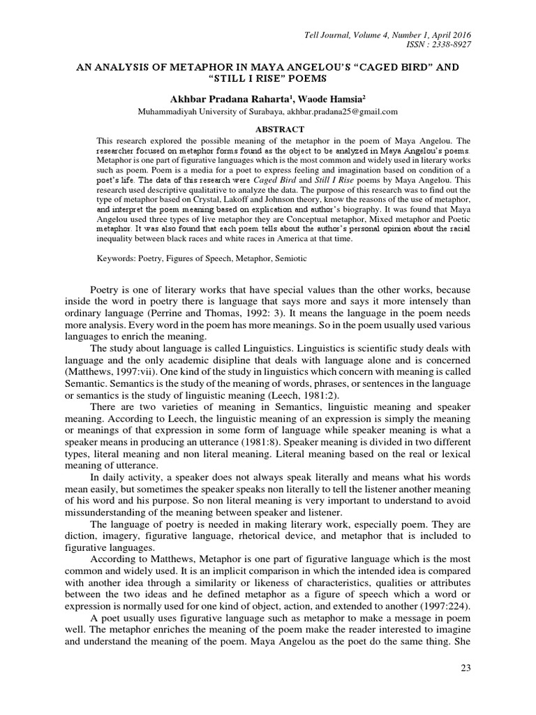 An Analysis of Metaphor in Maya Angelou'S "Caged Bird" and "Still I ...