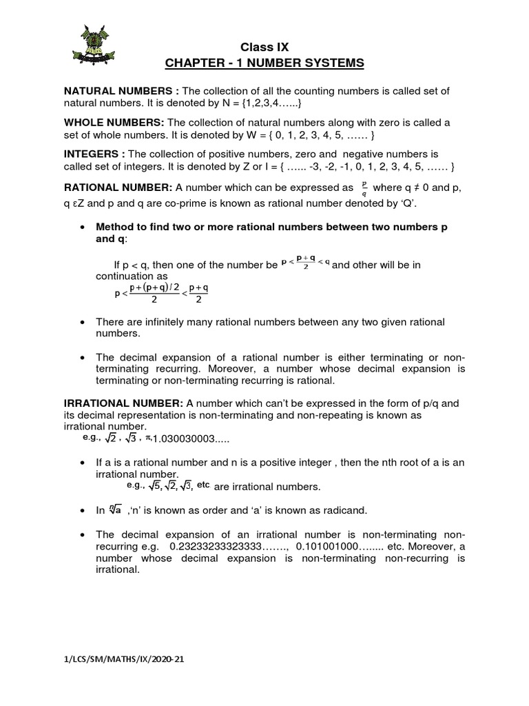 Class IX Chapter - 1 Number Systems: 1/LCS/SM/MATHS/IX/2020-21 | PDF ...