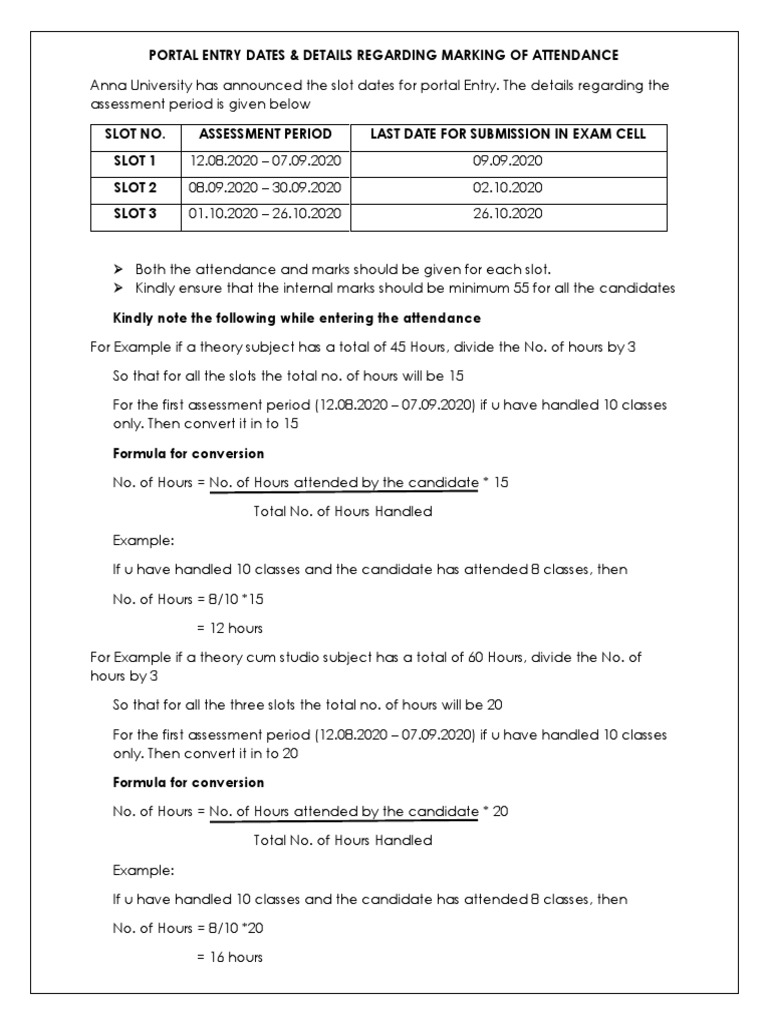 Portal Entry Dates & Details Regarding Marking of Attendance | PDF