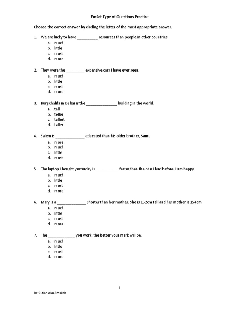 Emsat Type of Questions Practice Choose The Correct Answer by Circling ...