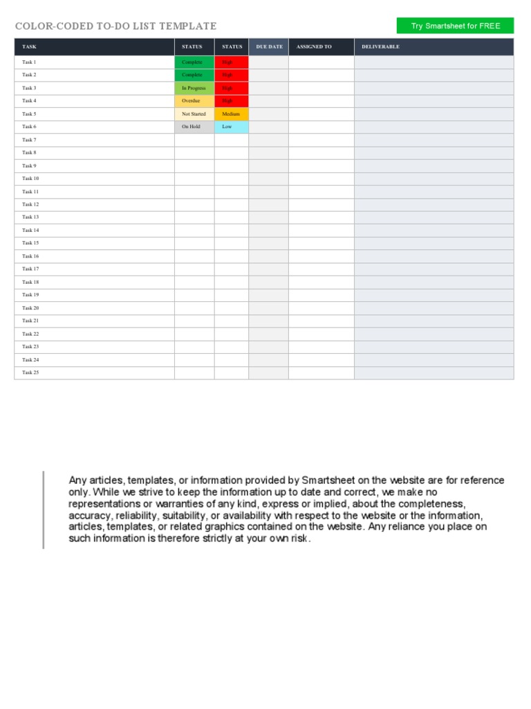 Color-Coded To-Do List Template: Task Status Status Due Date Assigned ...