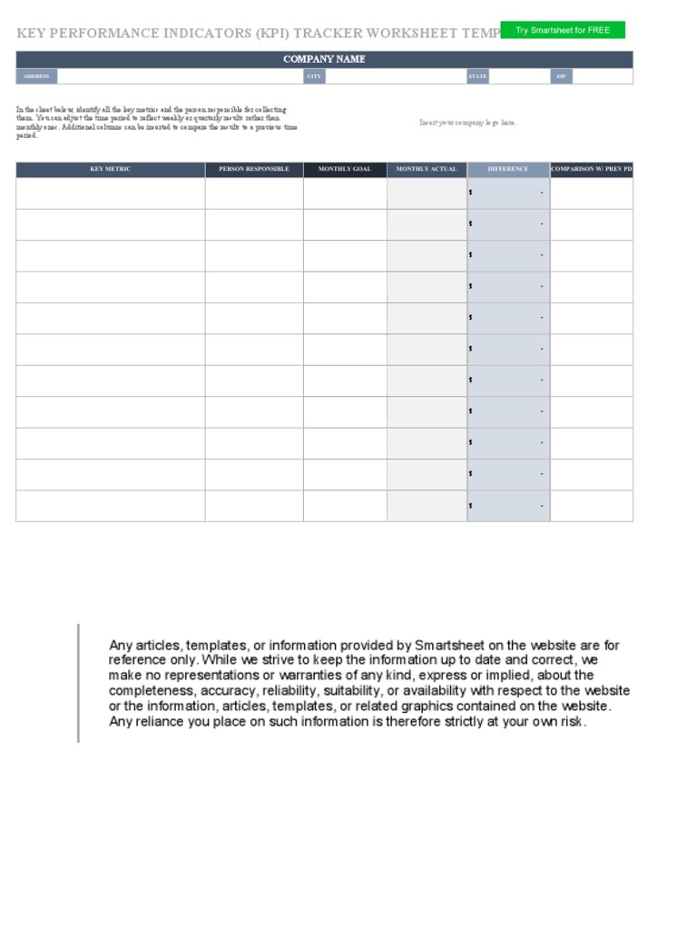 Key Performance Indicators (Kpi) Tracker Worksheet Template: Company ...