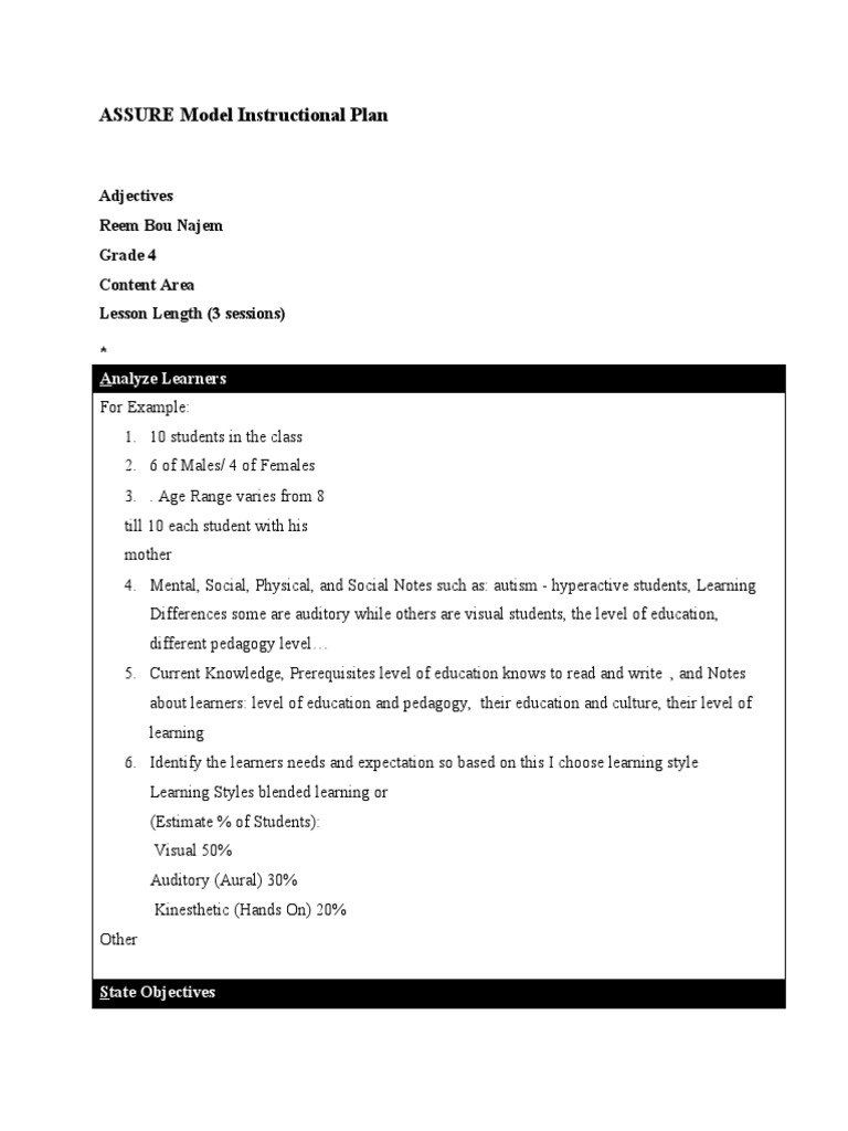 ASSURE Model Instructional Plan: Adjectives Reem Bou Najem Grade 4 ...