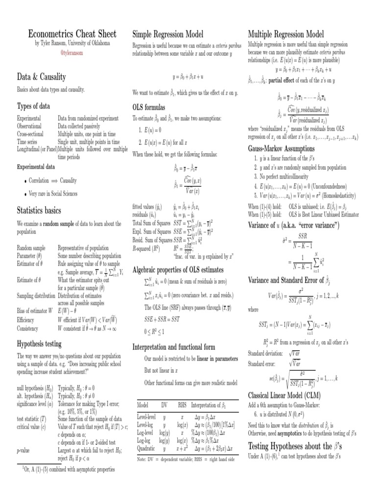 Econometric S Cheat Sheet | PDF | Ordinary Least Squares | Errors And ...