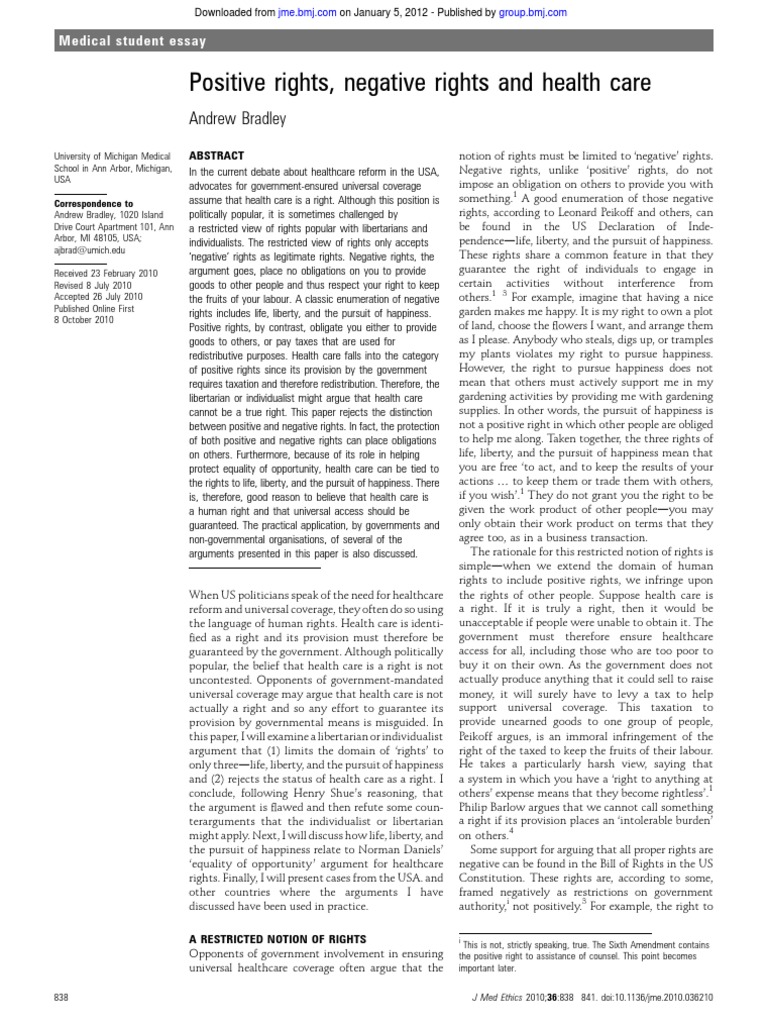 Andrew Bradley, Positive Rights, Negative Rights and Health Care | PDF ...