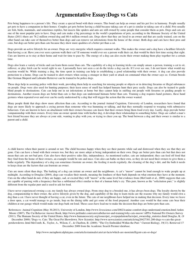 Argumentative Essay:Dogs Vs Cats | PDF | Dogs | Pet