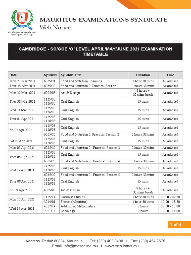 Cambridge - Sc/gce O' Level April/may/june 2021 Examination Timetable ...