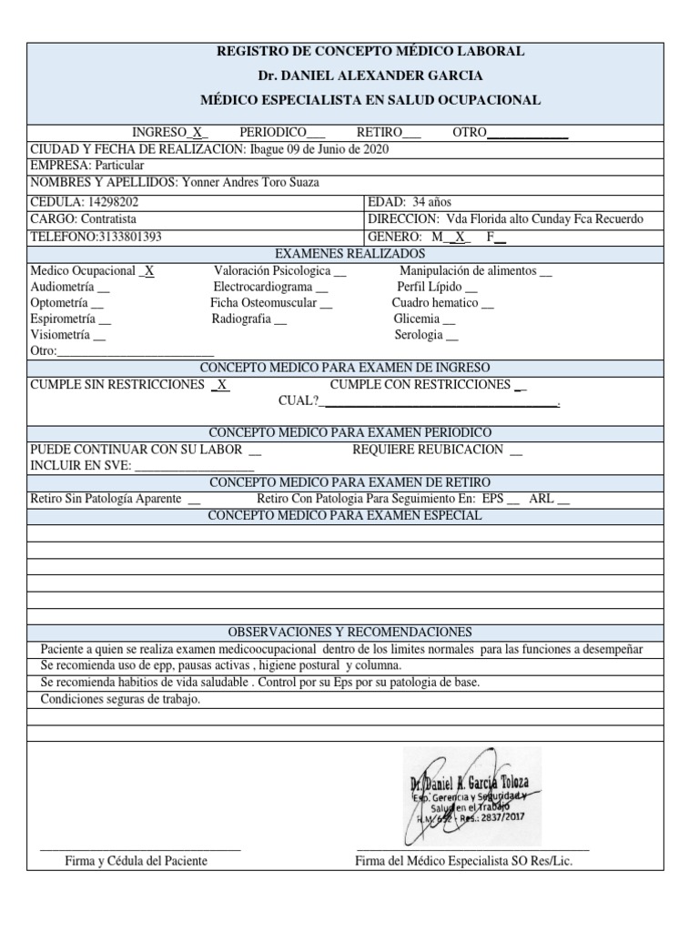 Registro de Concepto Médico Laboral Yonner Toro | PDF | Ciencia y matemáticas