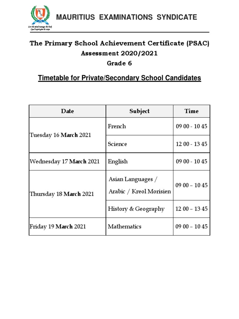 Timetable - Grade 6 Private-Sec | PDF