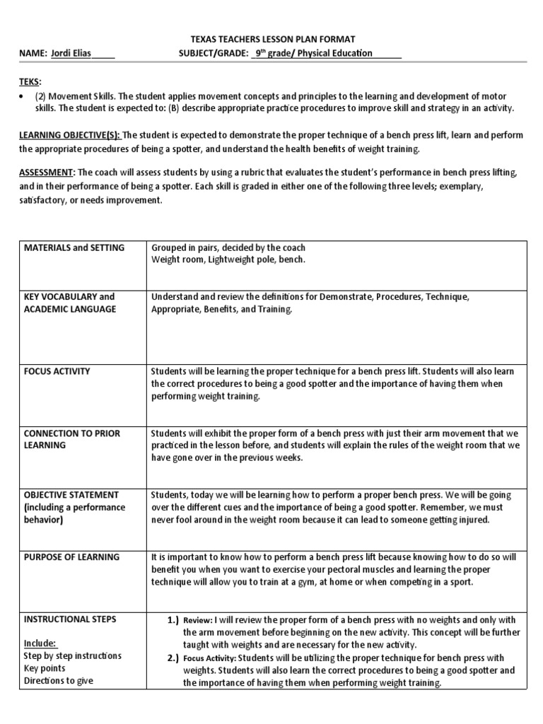 Jordi Elias Lesson Plan 2 | PDF | Weight Training | Lesson Plan