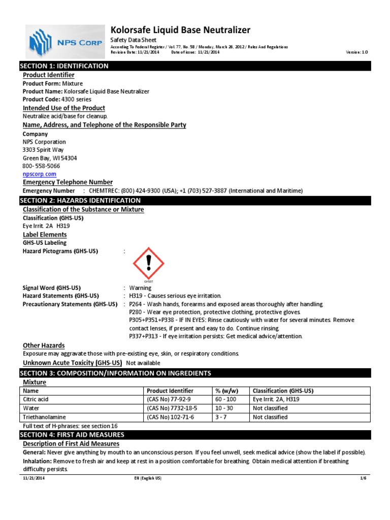 Kolorsafe Liquid Base Neutralizer: Section 1: Identification | PDF ...