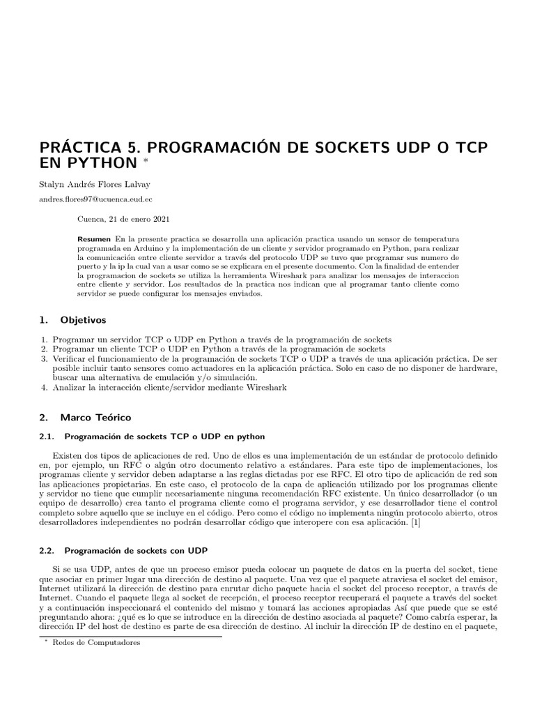 PR Ctica 5 Programaci N de Sockets Udp o TCP en Python | PDF | Zócalo de red | Protocolo de ...