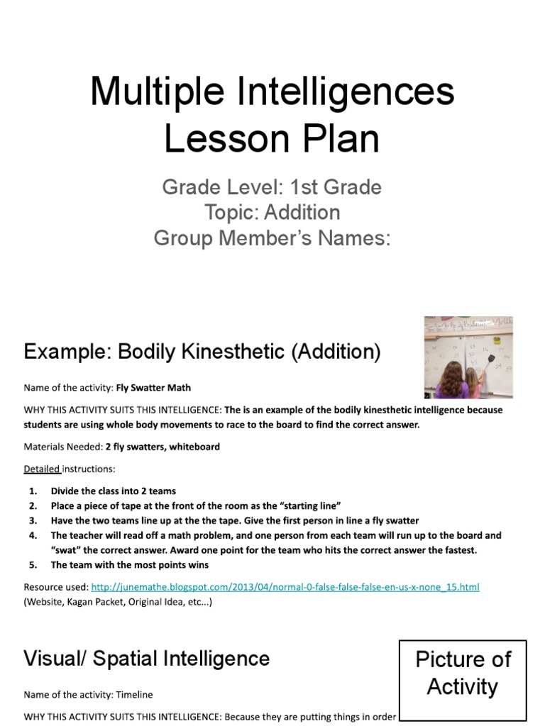 Multiple Intelligences Lesson Plan: Grade Level: 1st Grade Topic ...