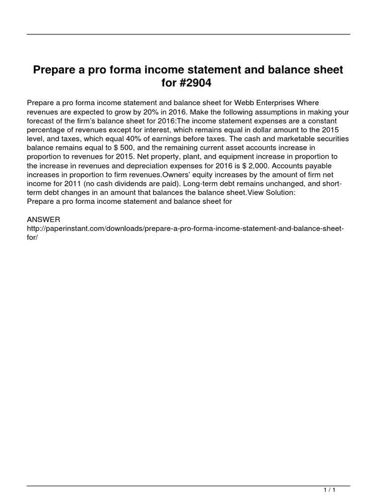 Prepare A Pro Forma Income Statement and Balance Sheet For | PDF