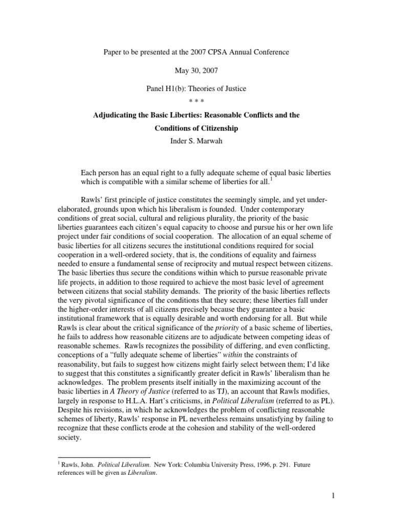 Adjudicating The Basic Liberties: Reasonable Conflicts and The ...
