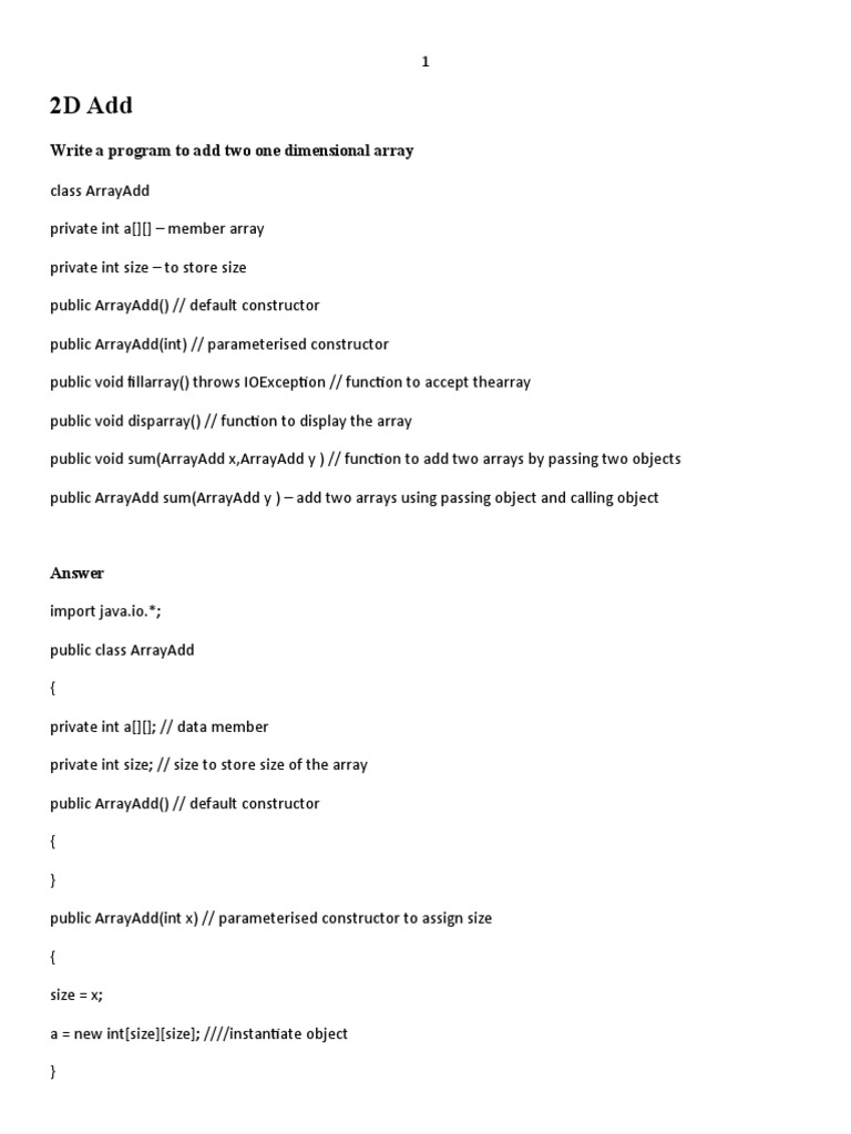2D Add: Write A Program To Add Two One Dimensional Array | PDF ...