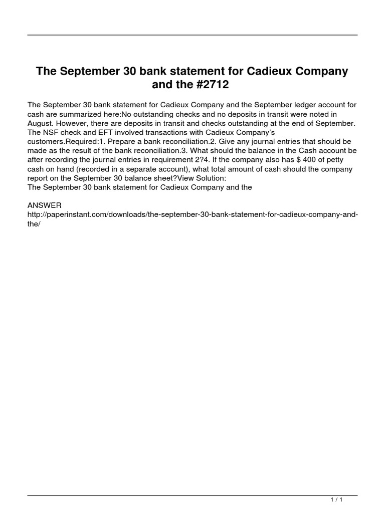 The September 30 Bank Statement For Cadieux Company and The | PDF