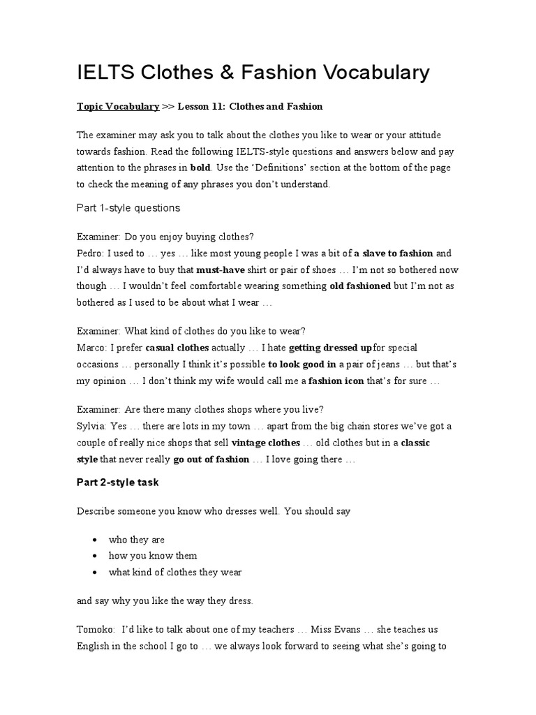 Topic Vocabulary Lesson 11: Clothes and Fashion | PDF