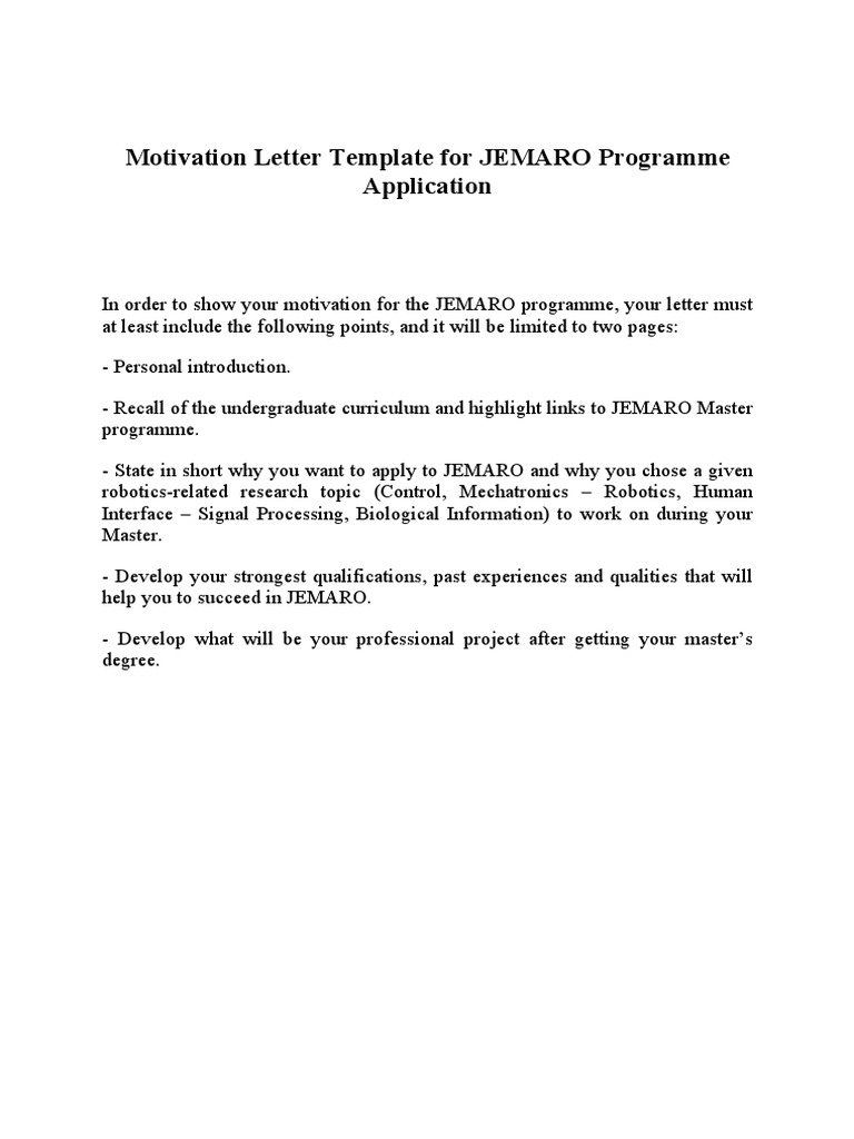 Motivation Letter Template For JEMARO Programme Application | PDF