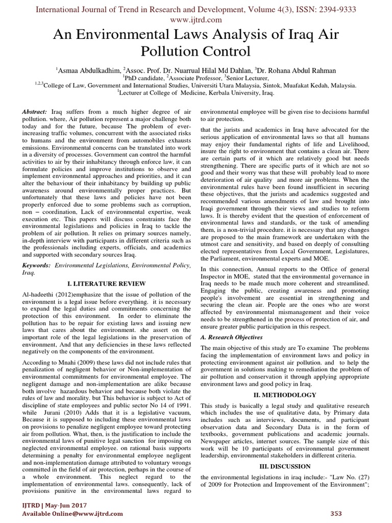 An Environmental Laws Analysis of Iraq Air Pollution Control | PDF ...