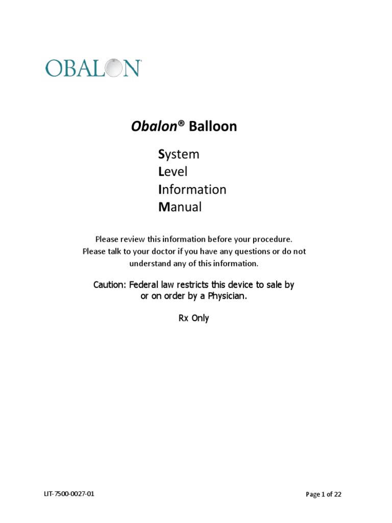 Obalon Balloon System Level Information Manual | PDF | Bariatric ...