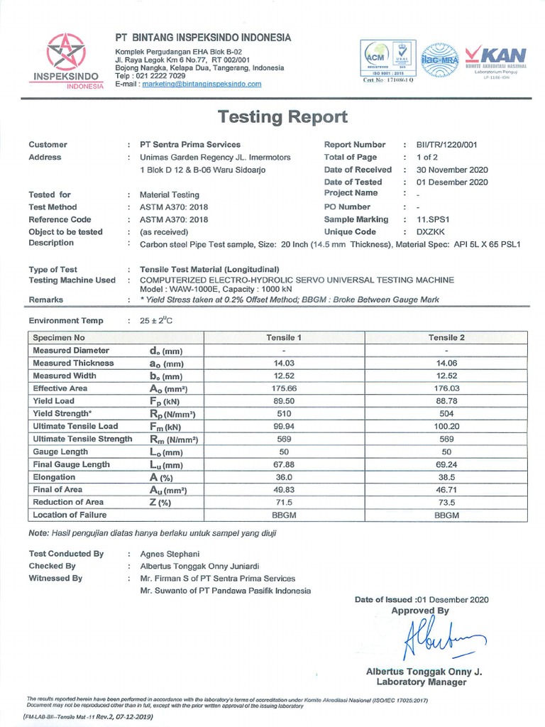 Report Tensile Test Material & Nick Break Test | PDF
