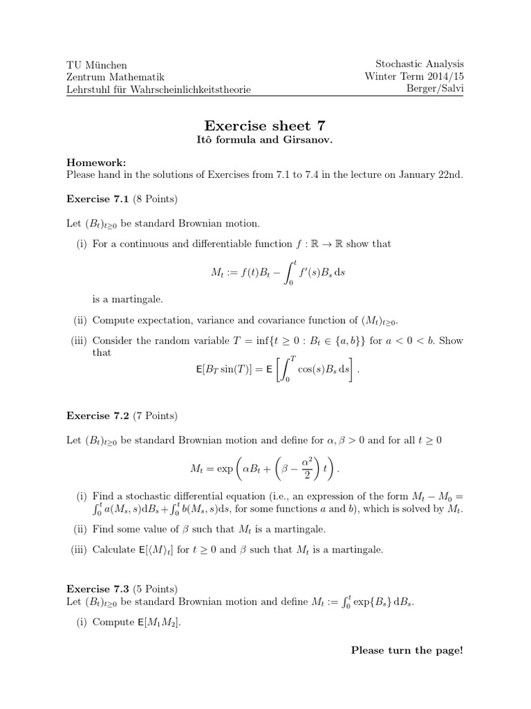 2014 Sheet 7 | PDF | Stochastic Differential Equation | Measure Theory