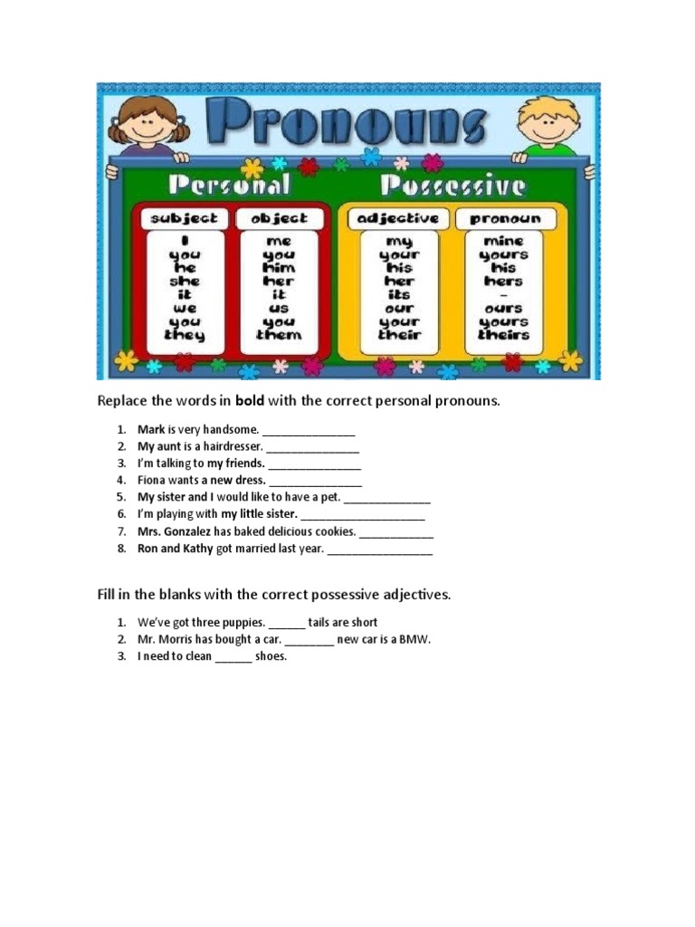 Personal Pronouns Activity. Replace The Words in Bold With The Correct ...