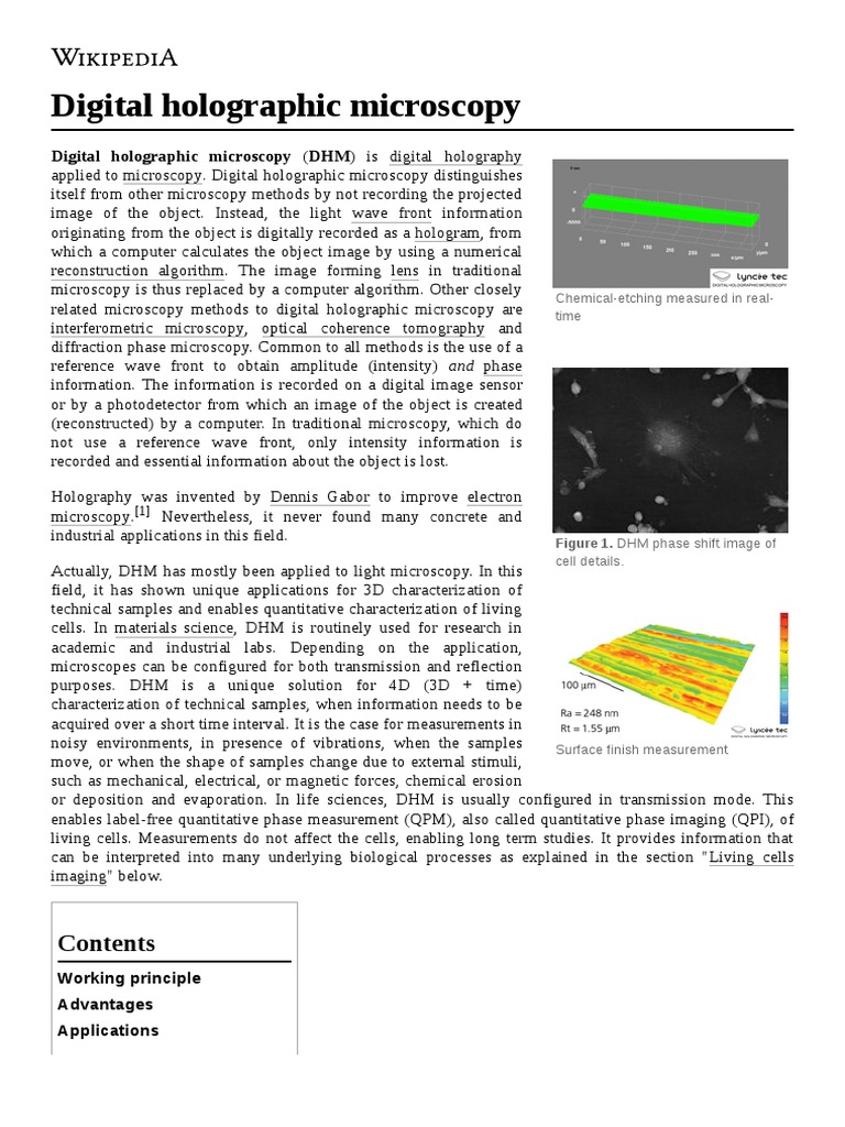 Digital Holographic Microscopy (DHM) Is Digital Holography | PDF ...