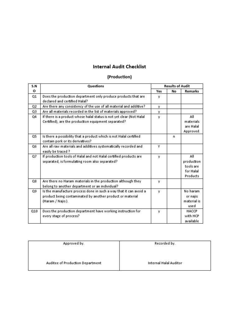 Internal Audit Checklist Halal (Production) | PDF | Accounting ...