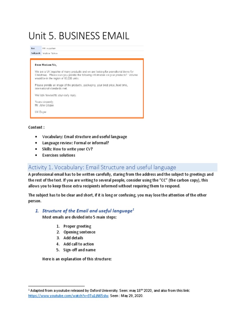 Unit 5. Business Email | PDF | Classics | Phrase